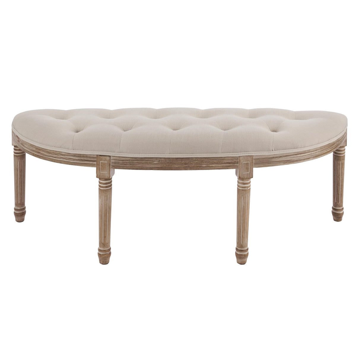 French Vintage Tufted Fabric Upholstered Half-Moon Bench w Rubberwood ...