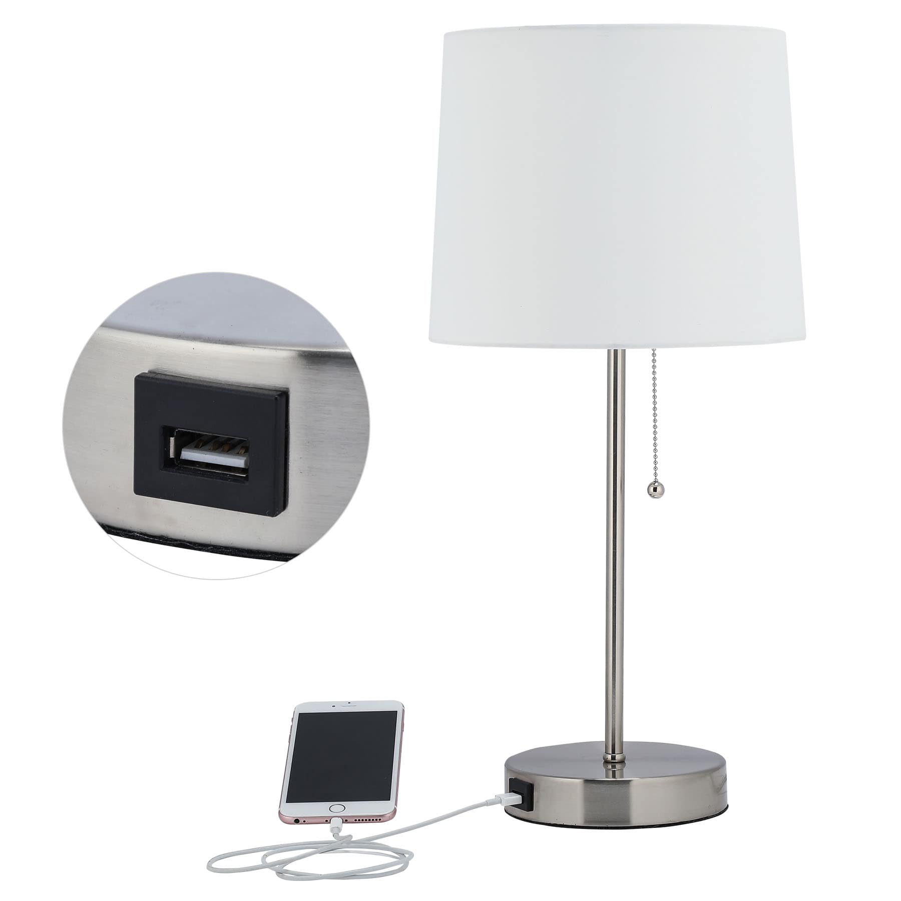 Modern White Desk Table Lamp w 2A USB Charger & Off White Fabric Shade ...