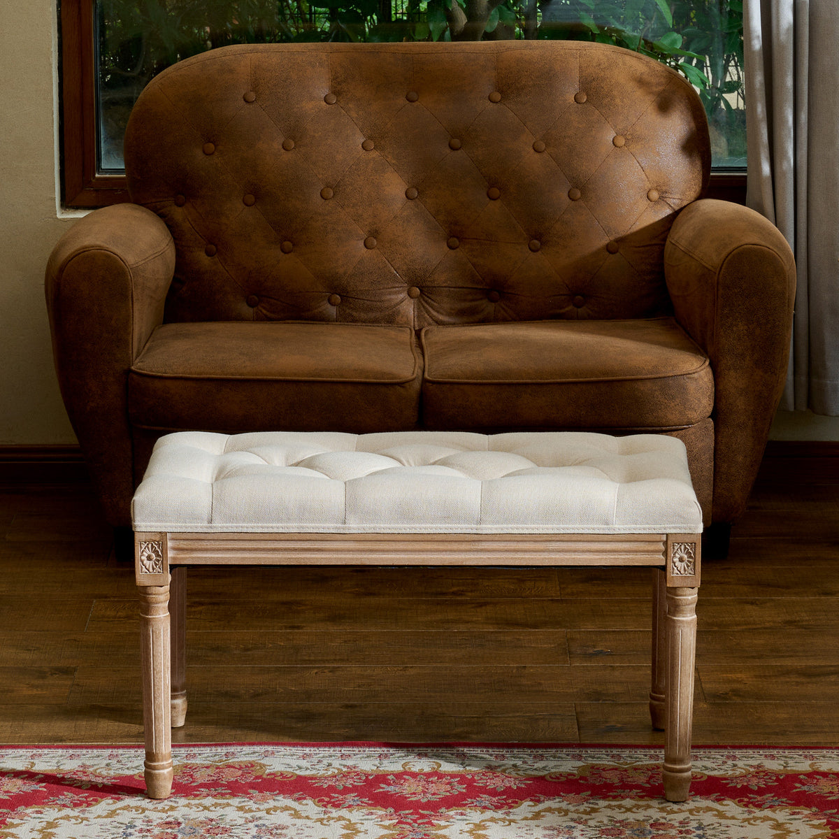 31 Inch French Vintage Bench with Padded Seat Wood Frame, Button Tufte ...