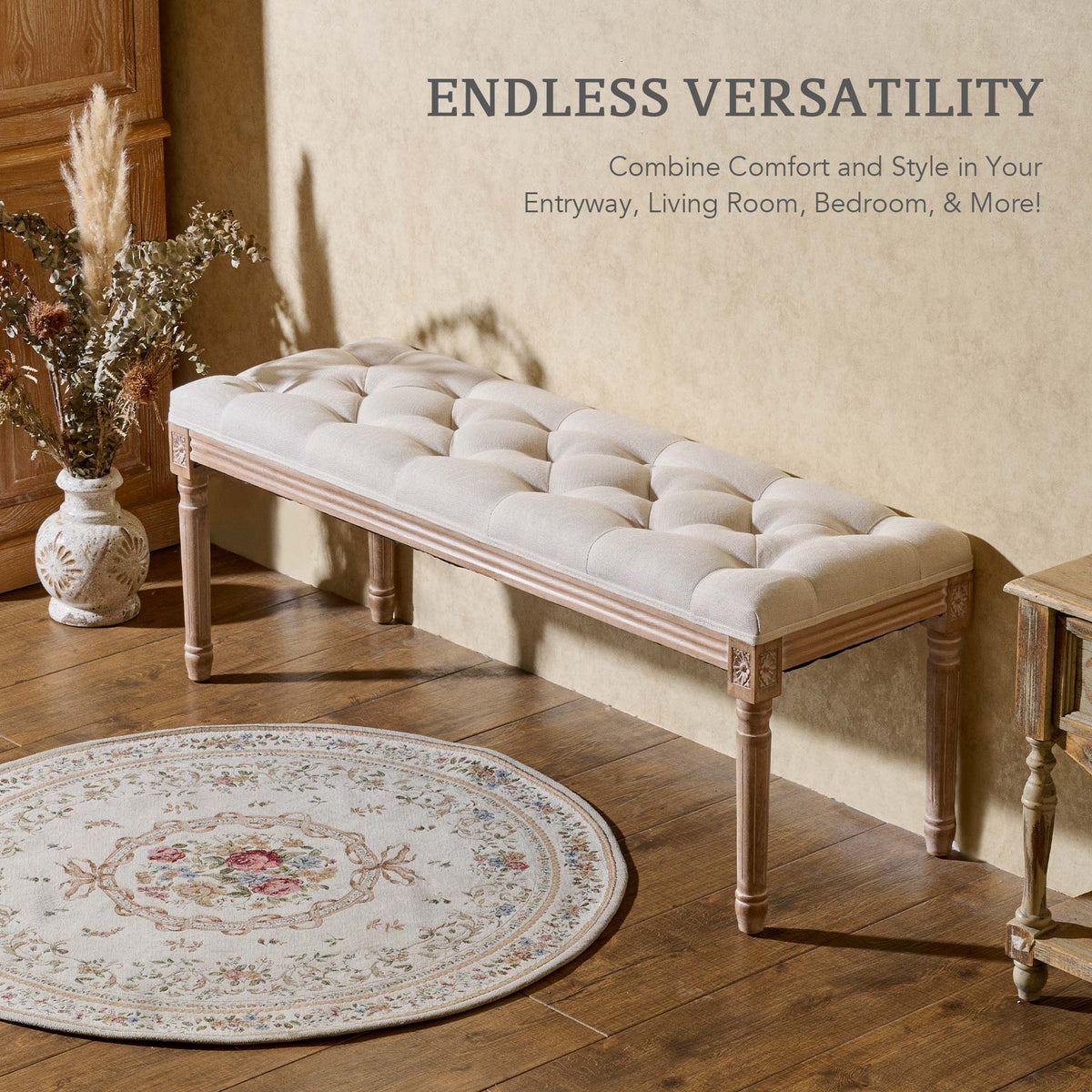 47" French Vintage Ottoman Bench with Linen Upholstery, Diamond Botton ...