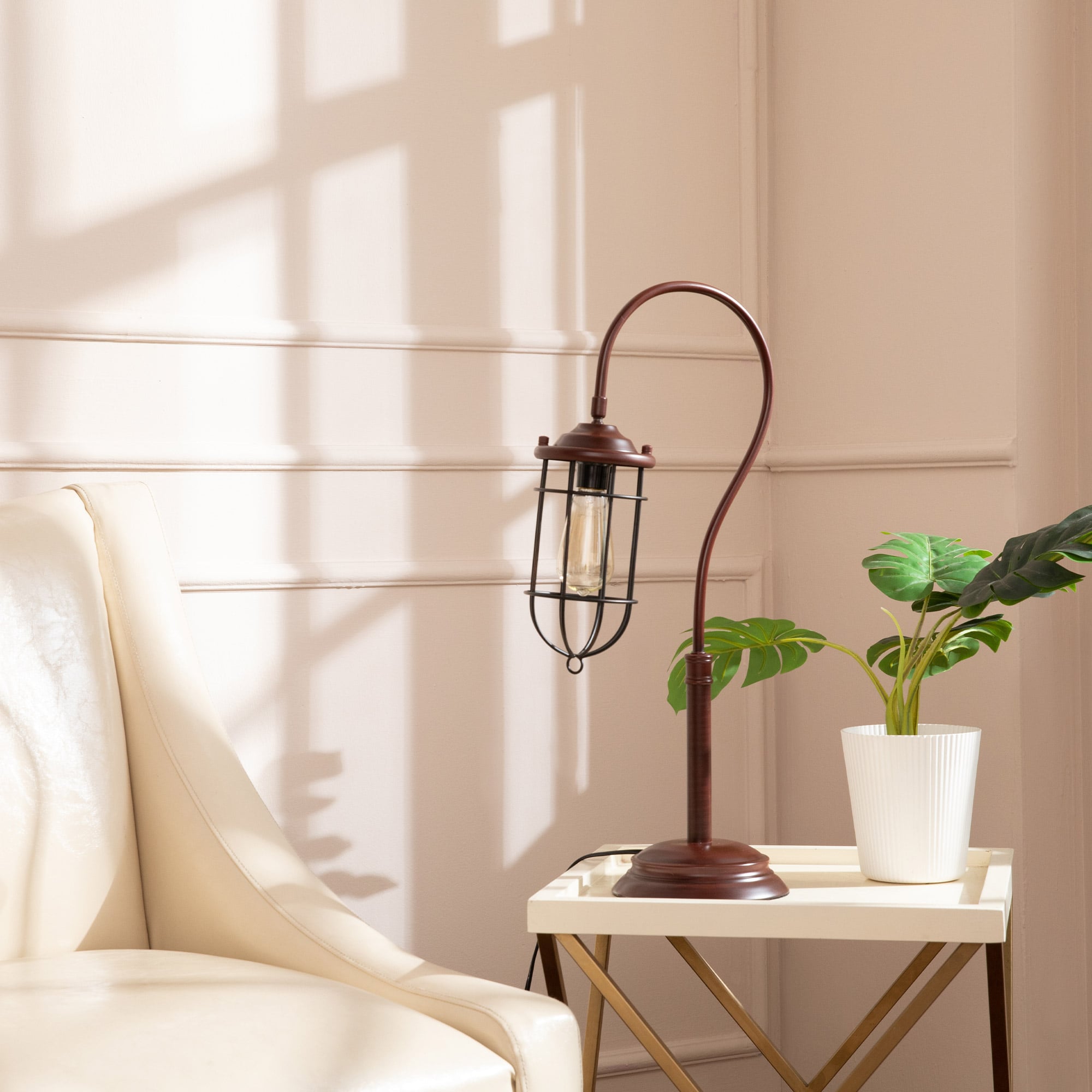 Arcing Desk Side & End Table Lamp w Adjustable Cage Shade for Home ...